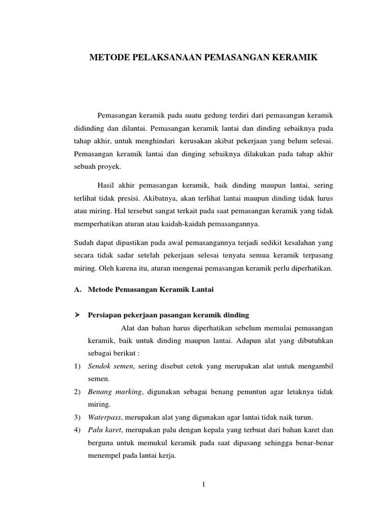 Metode Pelaksanaan Pemasangan Keramik PDF | PDF