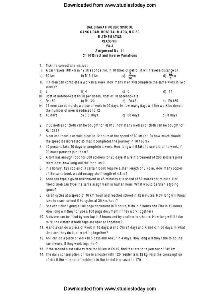 Class 8 Direct and Inverse Variations Worksheet | PDF