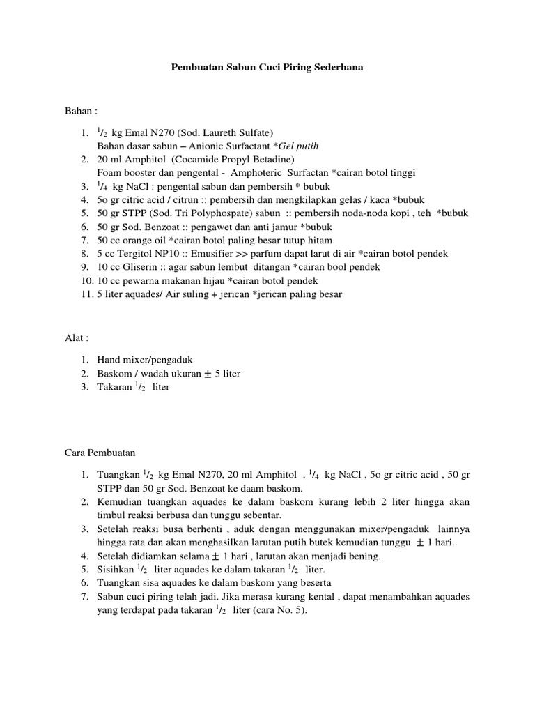 Pembuatan Sabun Cuci Piring Sederhana | PDF