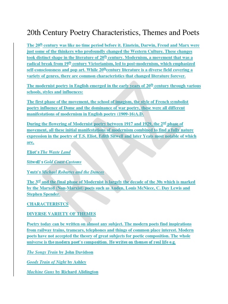 20th Century Poetry Characteristics | PDF | Modernism | Poetry