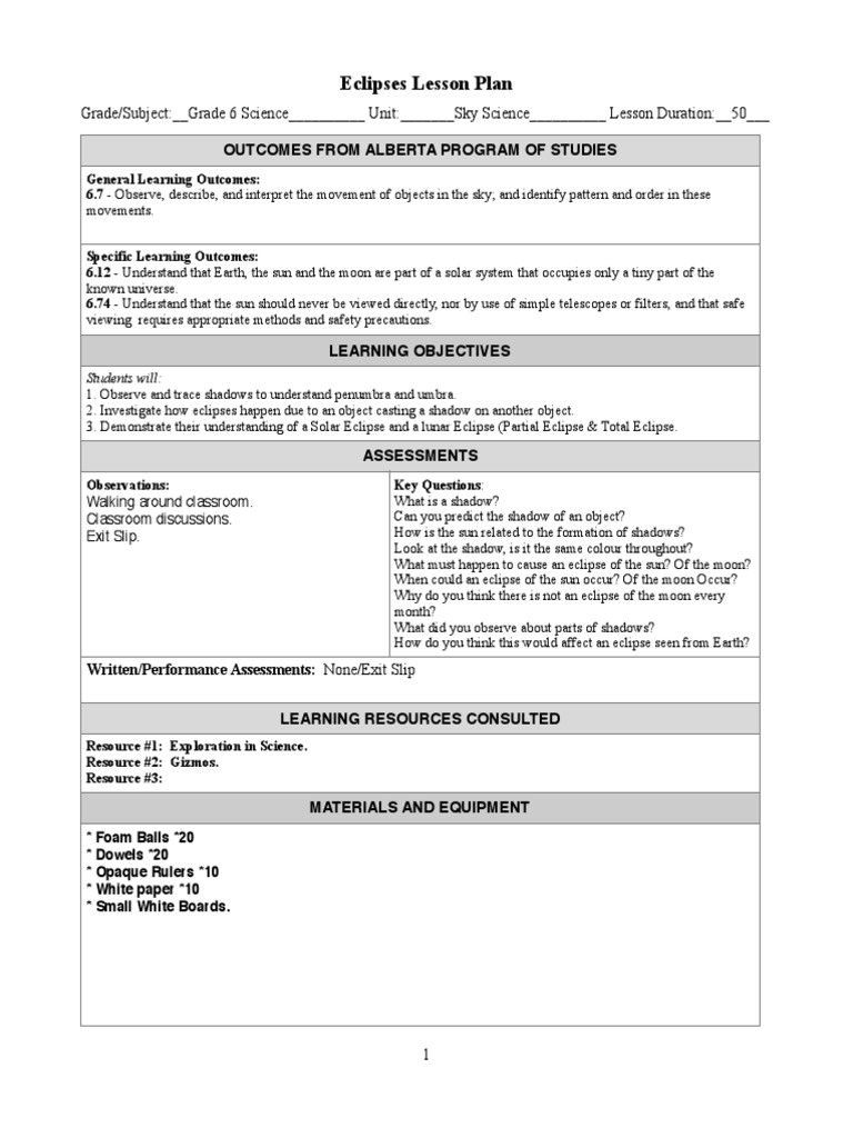 ps1 - Lesson Plan 2 Eclipses | PDF | Solar Eclipse | Eclipse