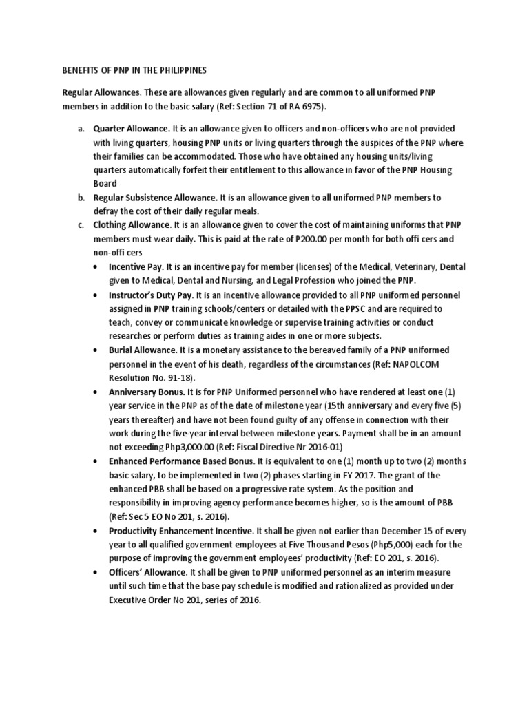 PNP Benefits and Allowances Overview | PDF | Government | Business