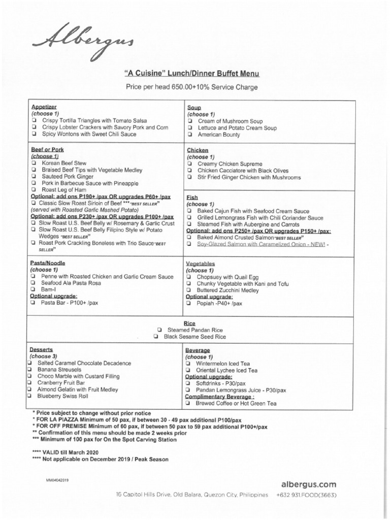 Albergus Catering International Menu 2019 (Starts at P650+) | PDF