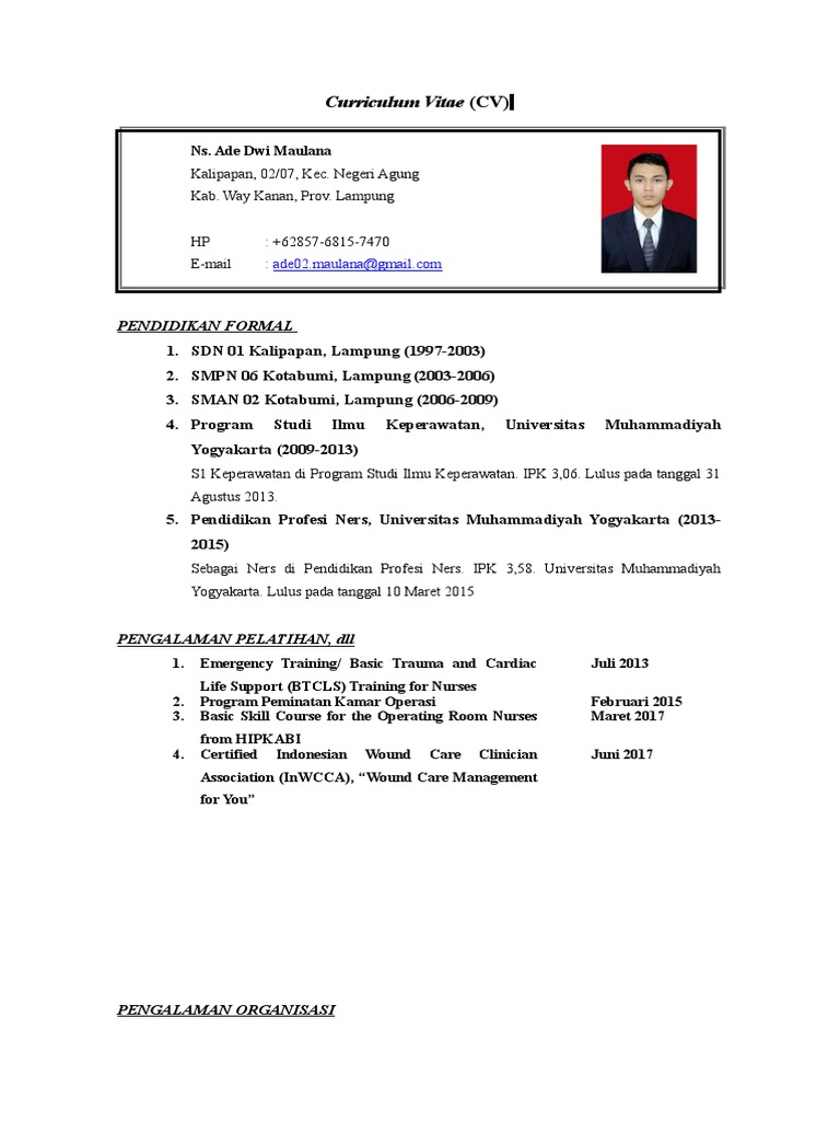 Contoh CV Perawat Ners Fresh Graduate | PDF | Karier & Perkembangan