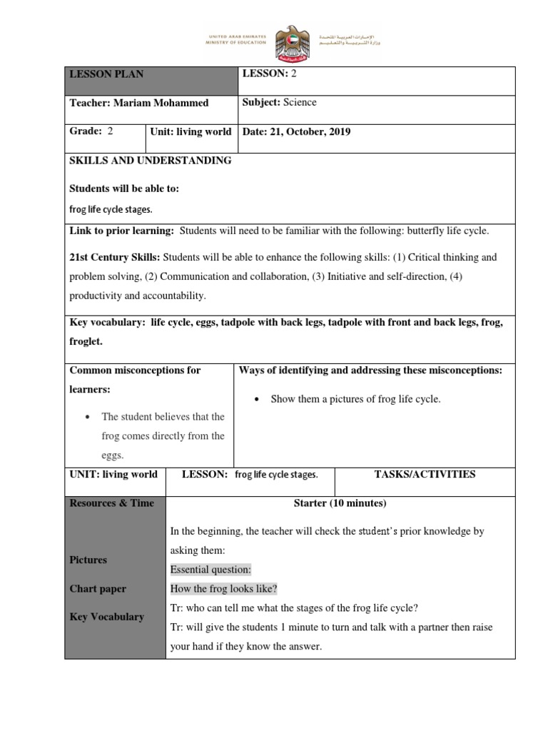 Frog Life Cycle Lesson Plan for Grade 2 | PDF | Frog | Lesson Plan