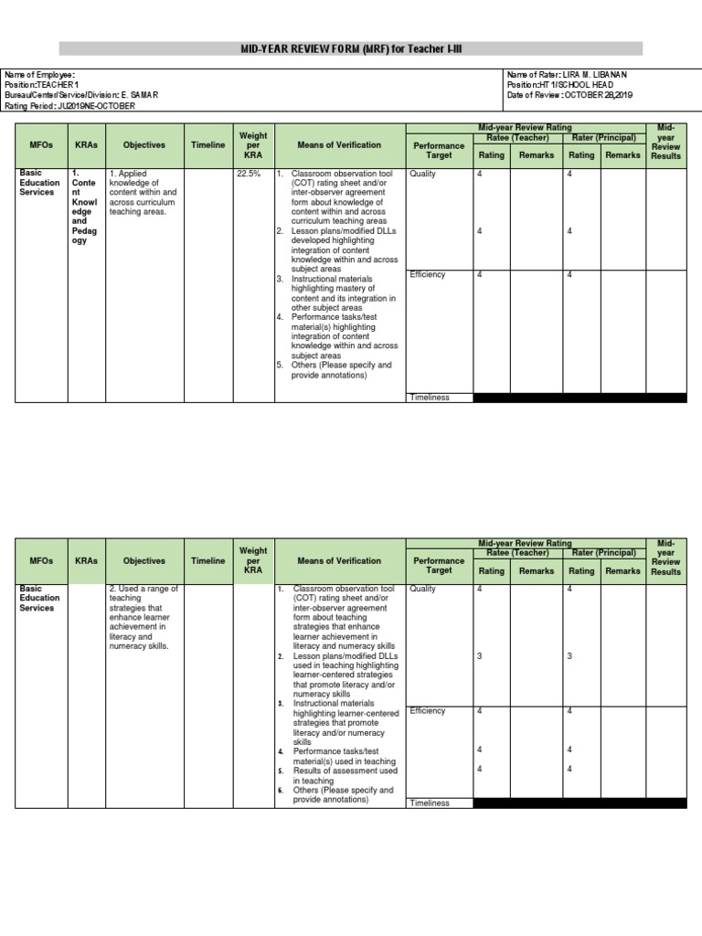 Mid Year Review RPMS | PDF | Lesson Plan | Teachers