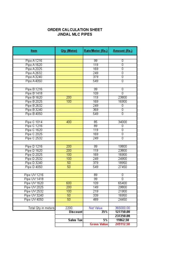 Jindal MLC Order Calculation - Rates | PDF | Tools | Pipe (Fluid ...