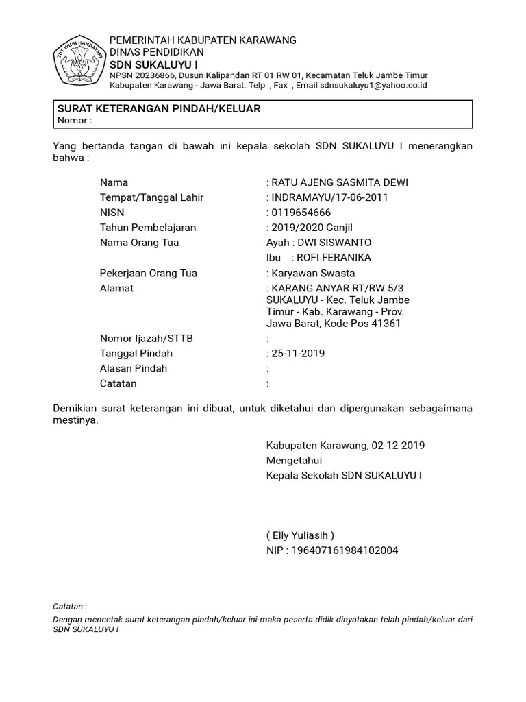 Surat Mutasi Dapodik Ratu Ajeng PDF | PDF