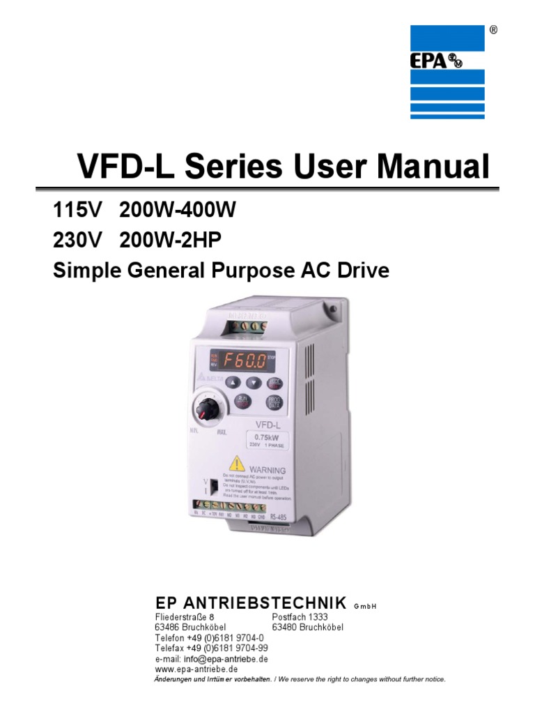 DELTA VFD-L Quickstart Manual | PDF | Electric Motor | Alternating Current