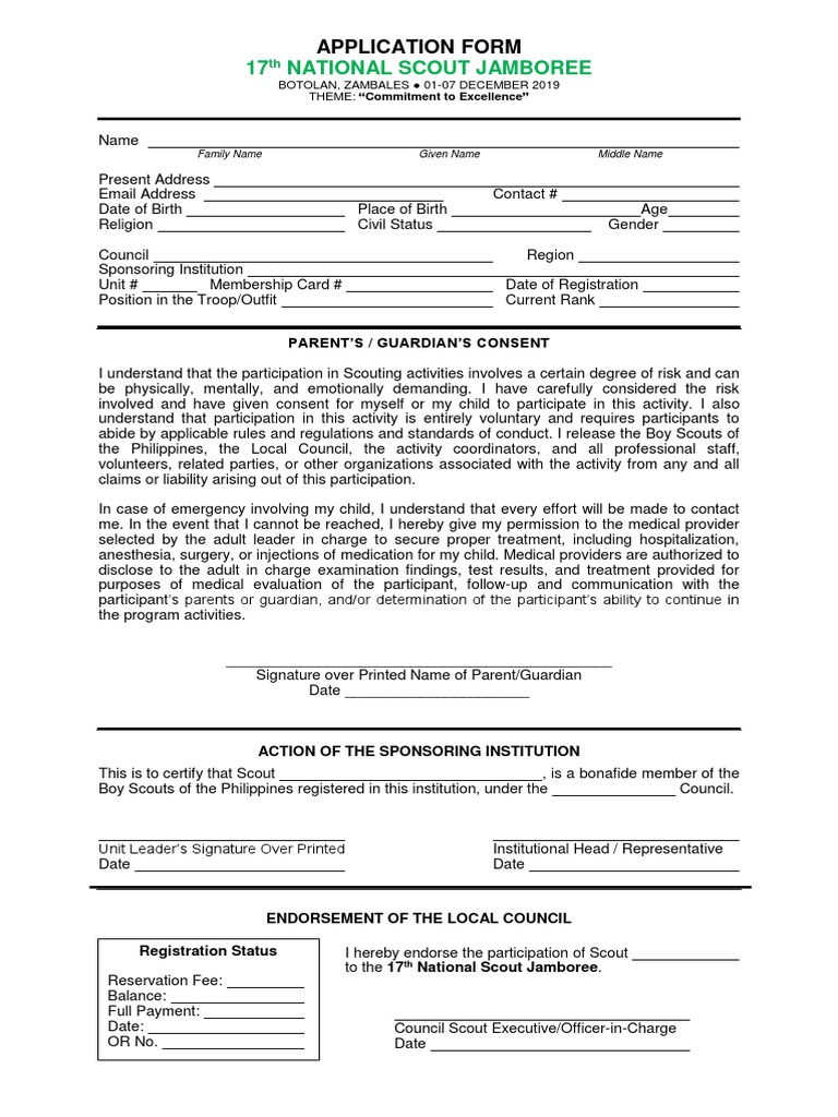 17th National Scout Jamboree Application Form | PDF | Legal Guardian ...