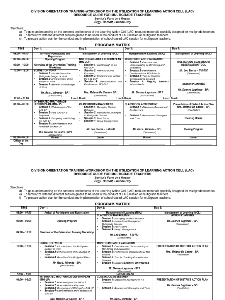 MG - LAC Training Matrix | PDF | Classroom Management | Lesson Plan