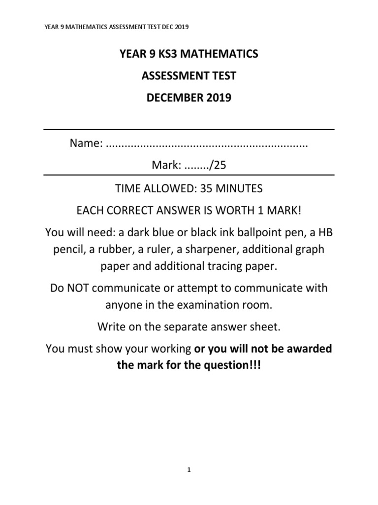 Short Y9 Algebra Test | PDF | Equations | Algebra