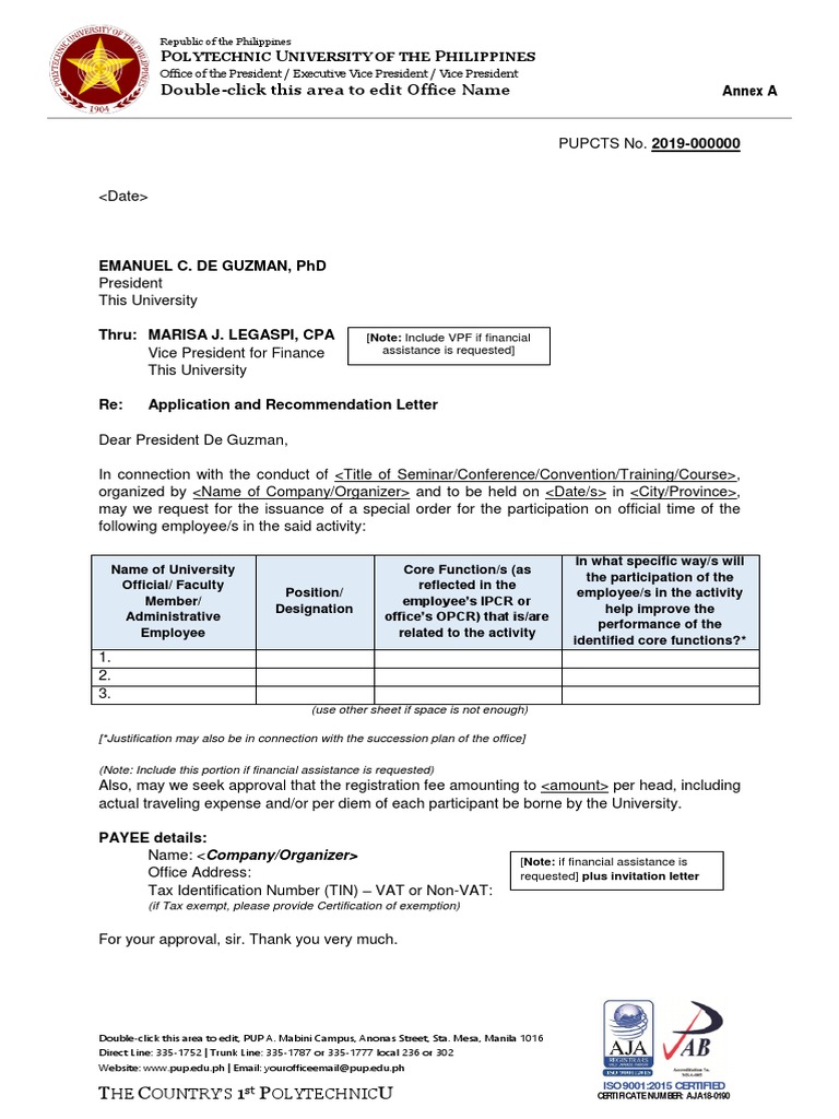 Memorandum Order 15 Annex A Application and Recommendation Letter ...