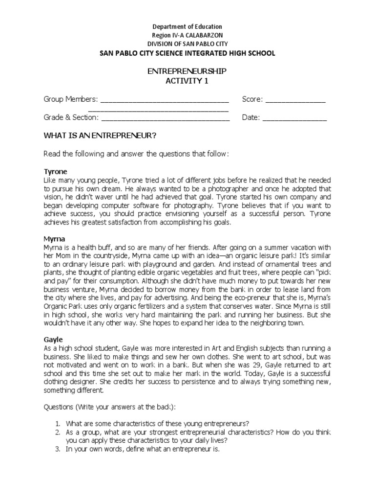 ENTREPRENEURSHIP Activity 1 - What Is An Entrepreneur | PDF ...
