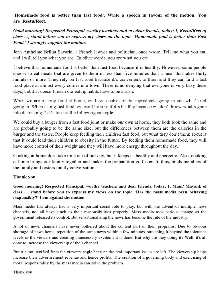 Debate For Class VII and VIII - 66915 - dpsbsr312 | PDF | Fast Food | Foods