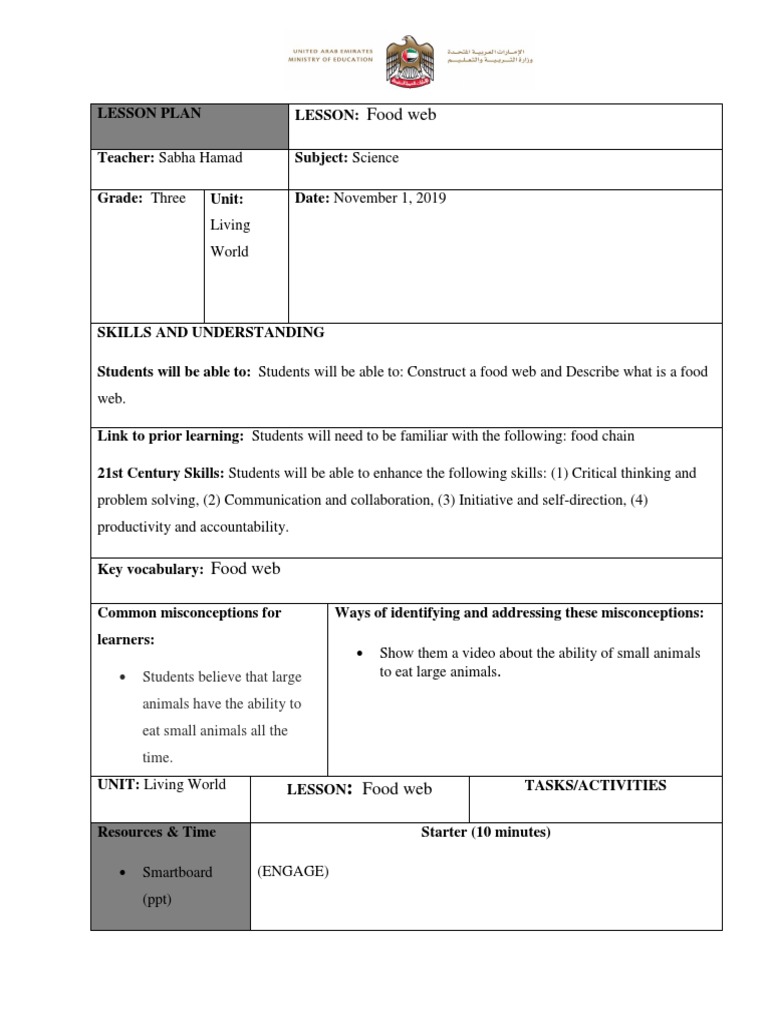 Lesson Plan Food Web | PDF | Lesson Plan | Vocabulary