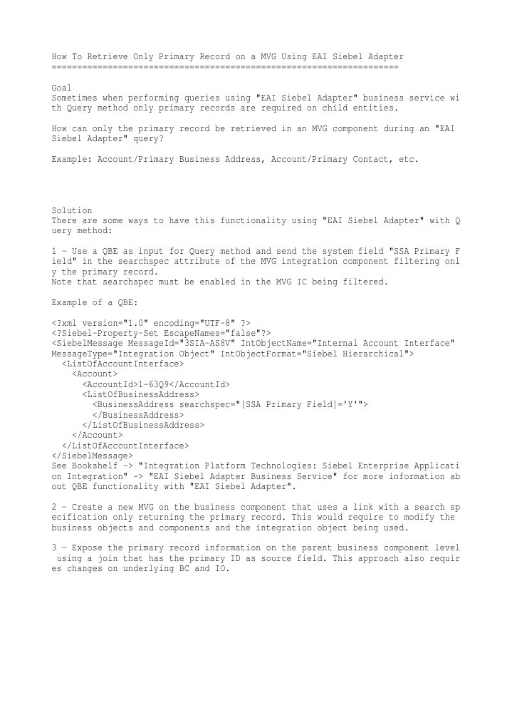 How To Retrieve Only Primary Record On A MVG Using EAI Siebel Adapter ...