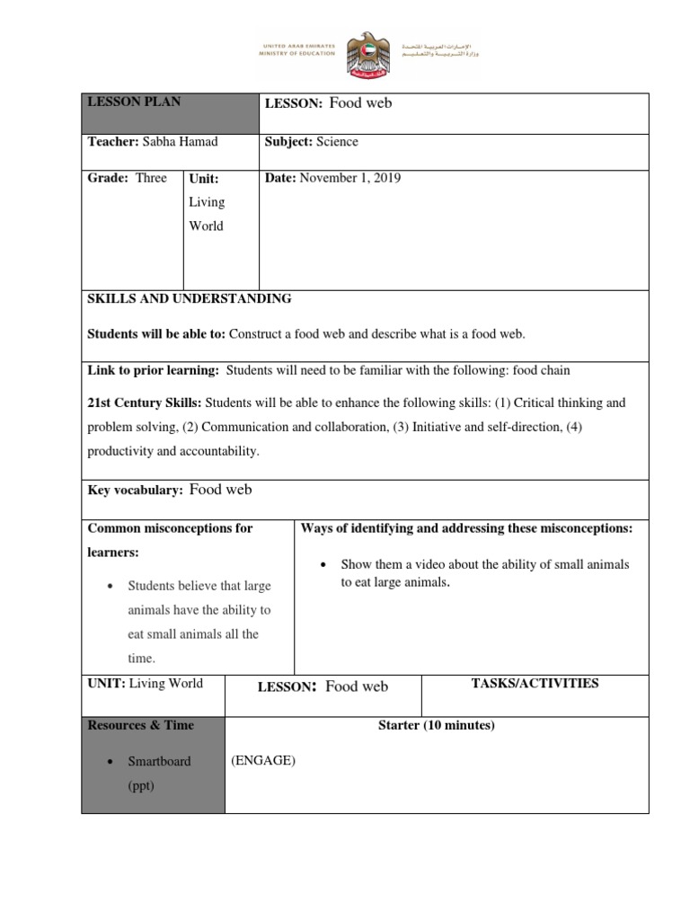 Lesson Plan Food Web | PDF | Lesson Plan | Vocabulary