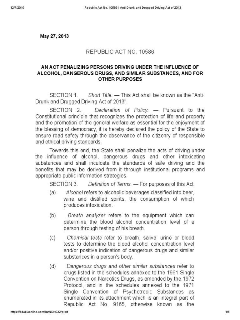 Republic Act No. 10586 - Anti Drunk and Drugged Driving Act of 2013 PDF ...