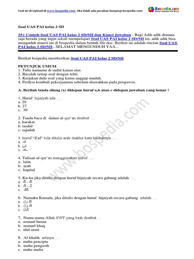 25+ Contoh Soal UAS PAI Kelas 2 SD MI Dan Kunci Jawaban | PDF