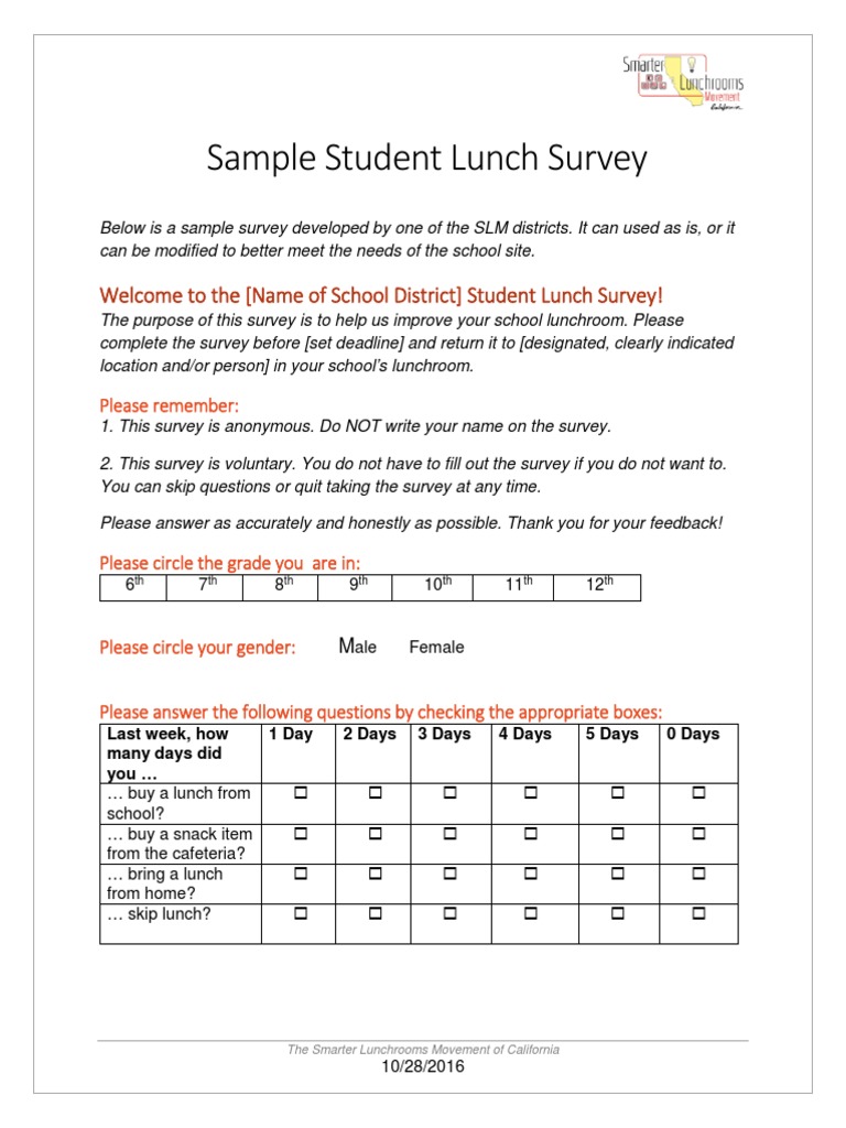 Student Lunch Feedback Survey | PDF