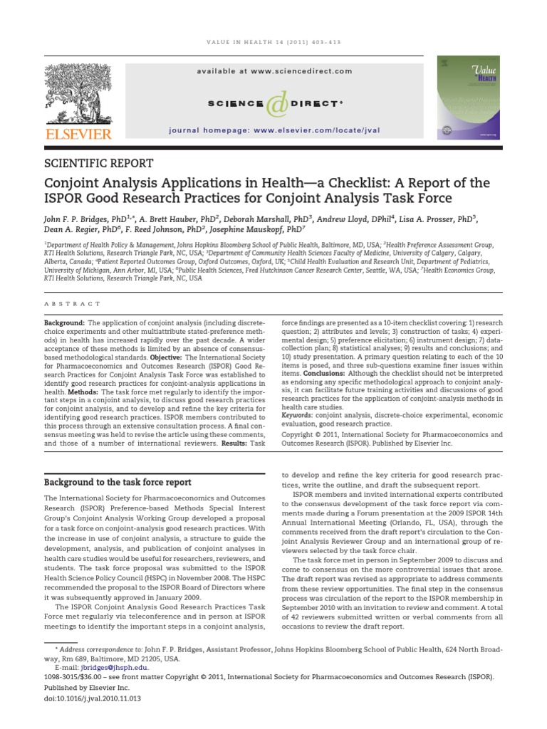 Bridges, Hauber Et Al. 2011 - Conjoint Analysis Applications in Health ...