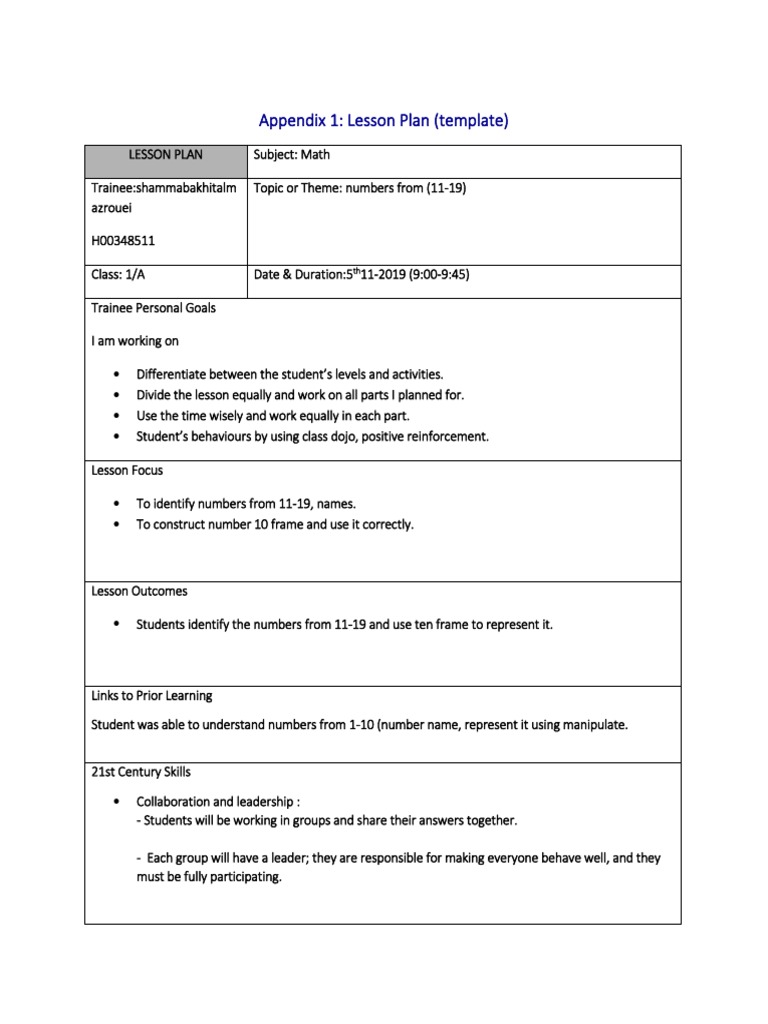 Peer Observation Lesson Ten Frame | PDF | Lesson Plan ...