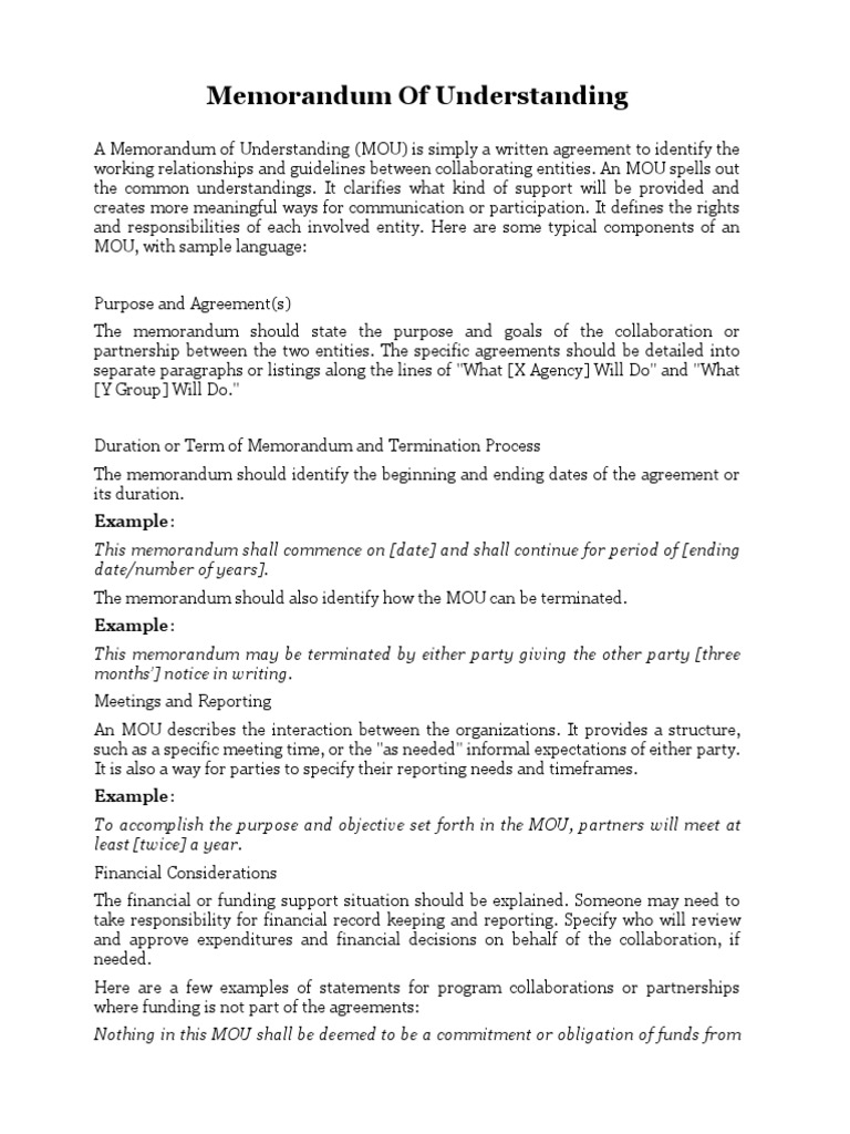 Memorandum of Understanding Between Two Companies | PDF | Memorandum Of ...