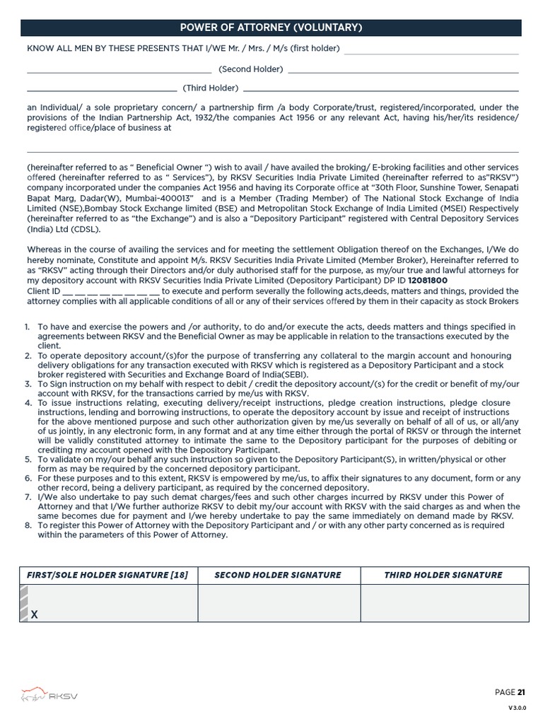 Power of Attorney Form PDF | PDF | Power Of Attorney | Securities (Finance)