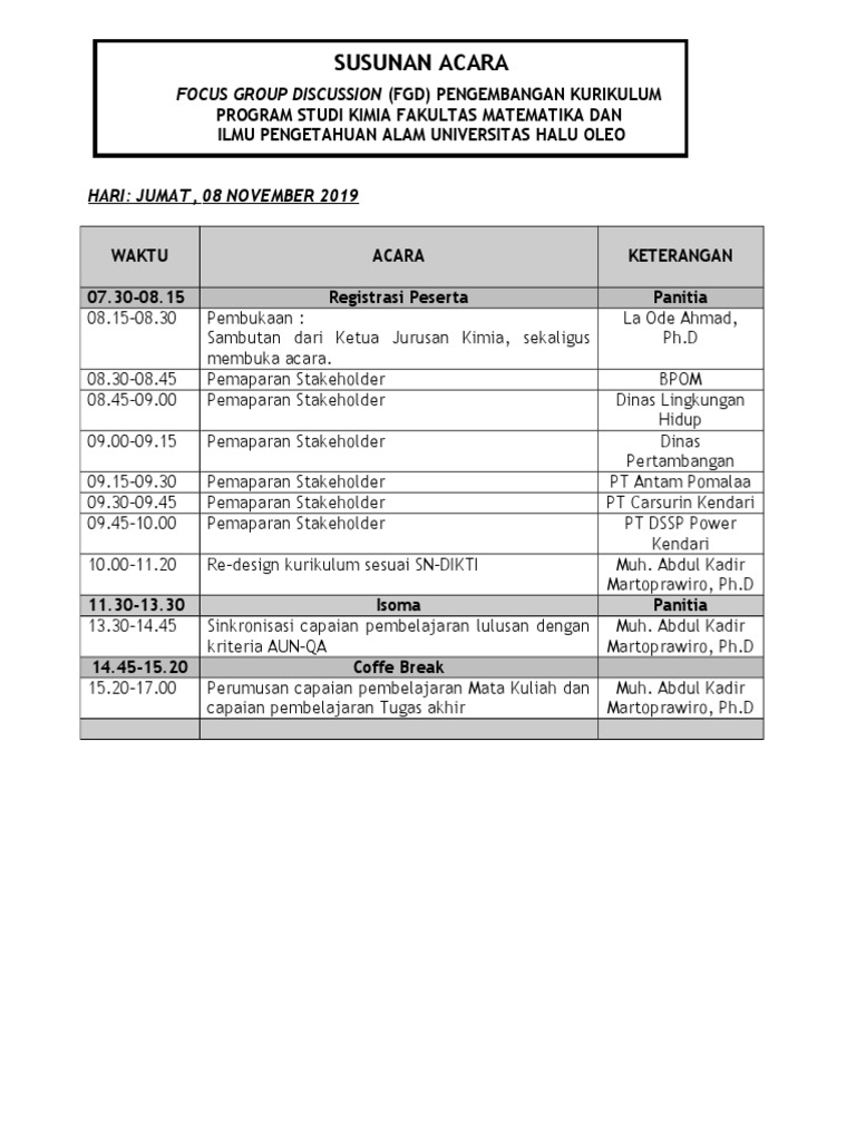 Susunan Acara FGD Kurikulum | PDF
