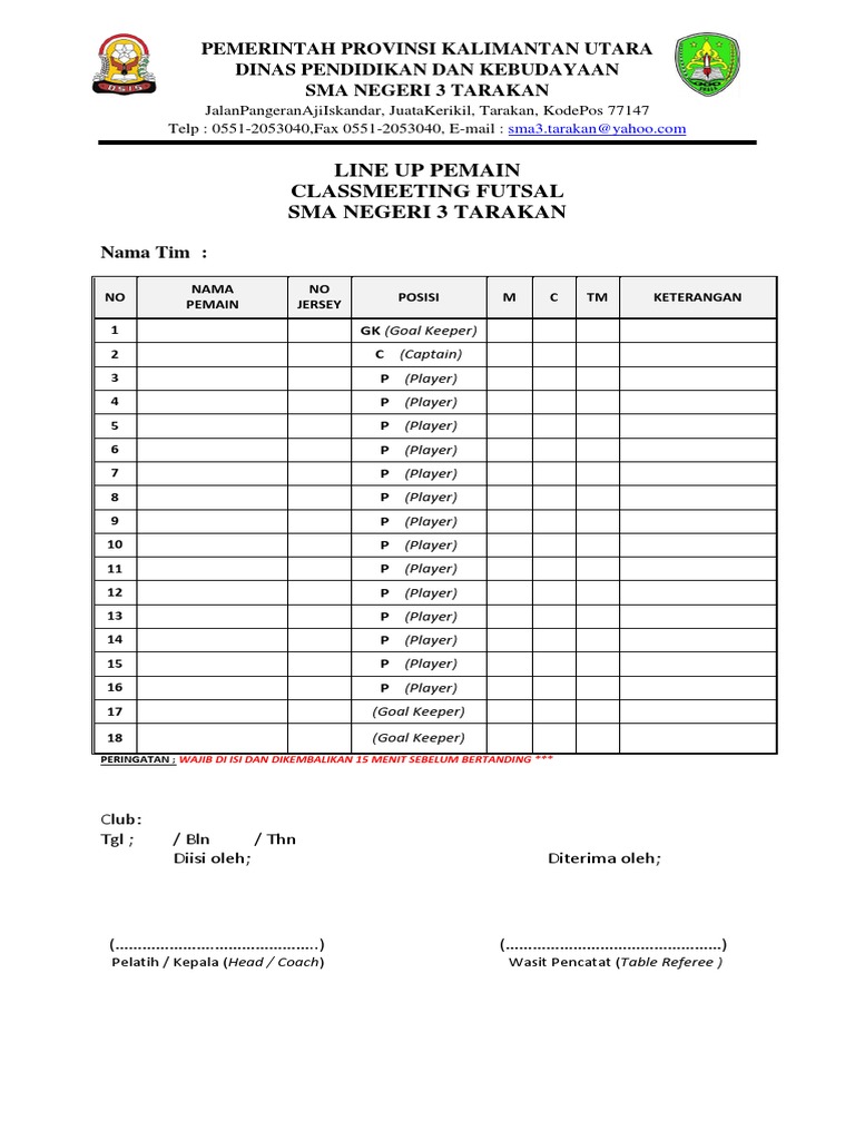 Line Up Pemain Futsal | PDF