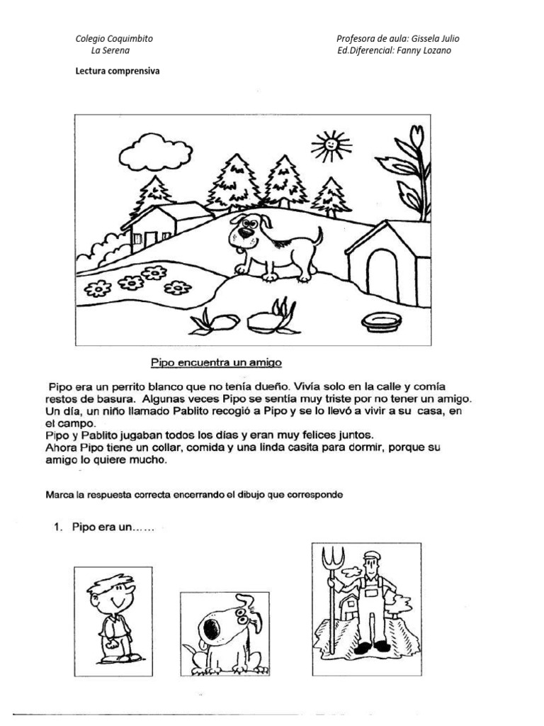Lectura Comprensiva Pipo Encuentra Un Amigo | PDF