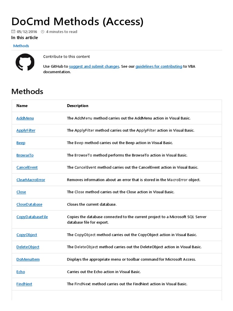 DoCmd Methods (Access) - Microsoft Docs | PDF | Microsoft Access | Microsoft Sql Server