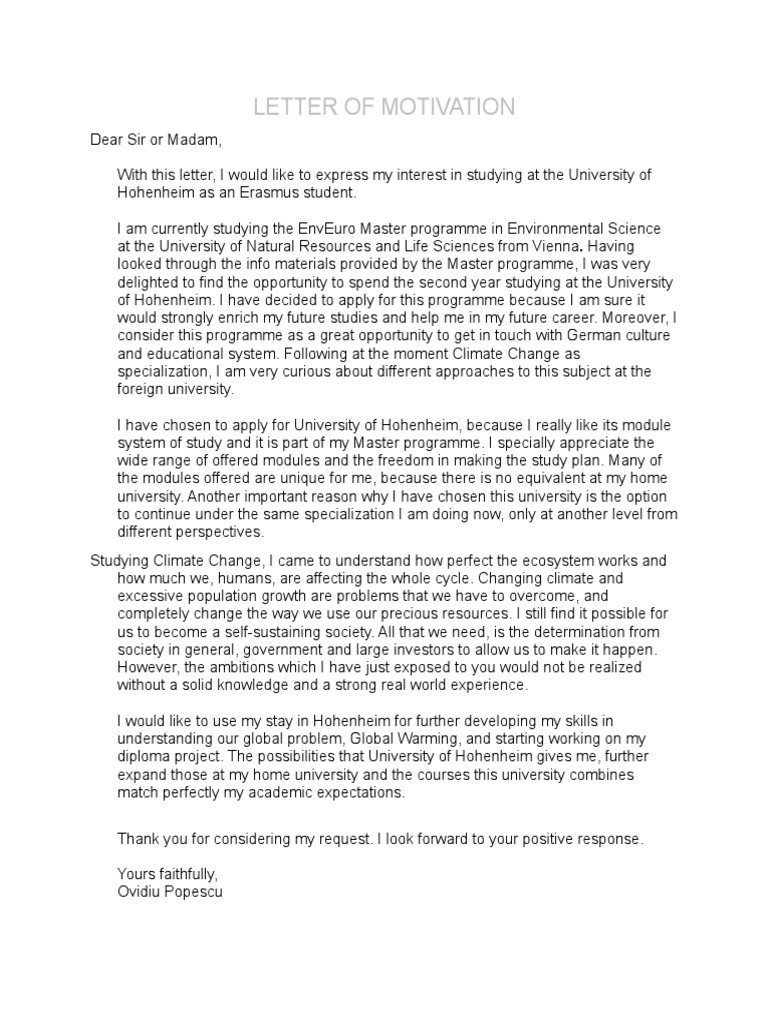 Letter of Motivation Erasmus PDF | PDF | University | Natural Environment
