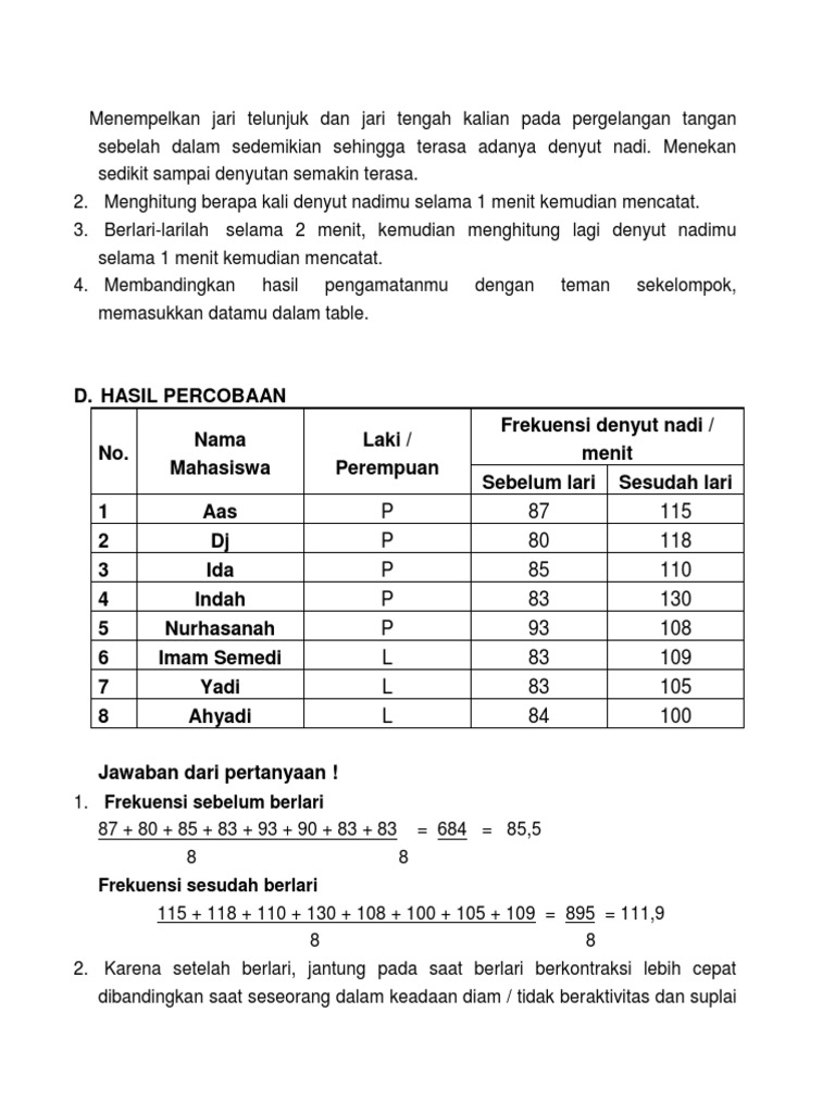 Contoh Perhitungan Denyut Nadi | PDF