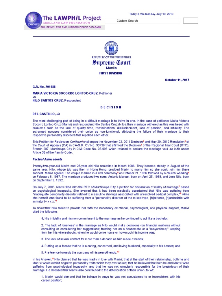 Marriage Nullity Case: Lontoc-Cruz vs. Cruz | PDF | Marriage | Mental ...