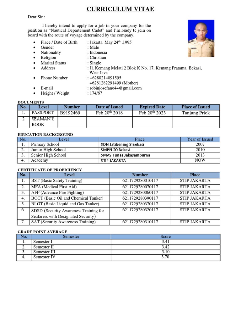 Curriculum Vitae of Robin Josefano Yoshua Seeking a Position as Nautical Department Cadet | PDF ...
