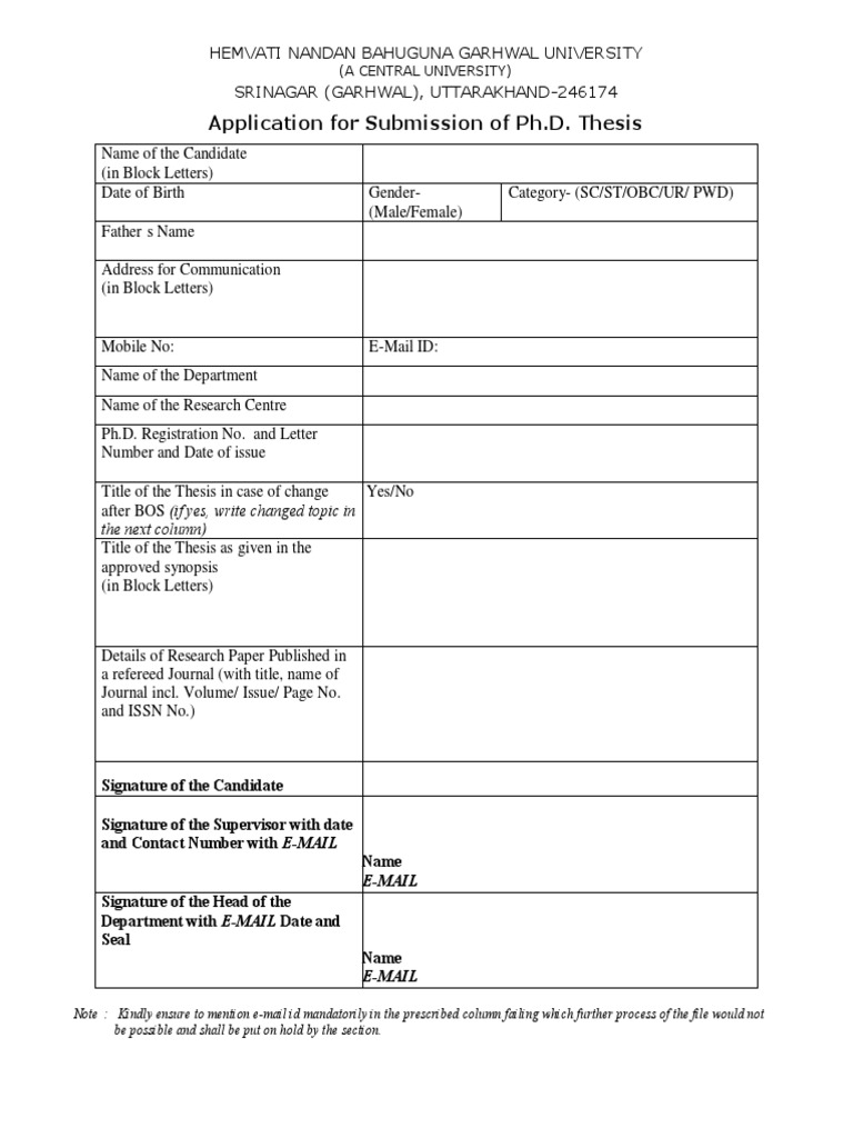 Ph.D. Thesis Submission Application Form | PDF | Thesis | Doctorate