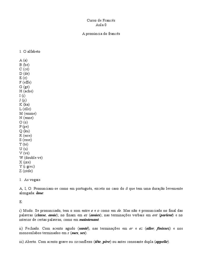 Material de Apoio Aula 1a - Francês PDF | PDF | Sílaba | Vogal
