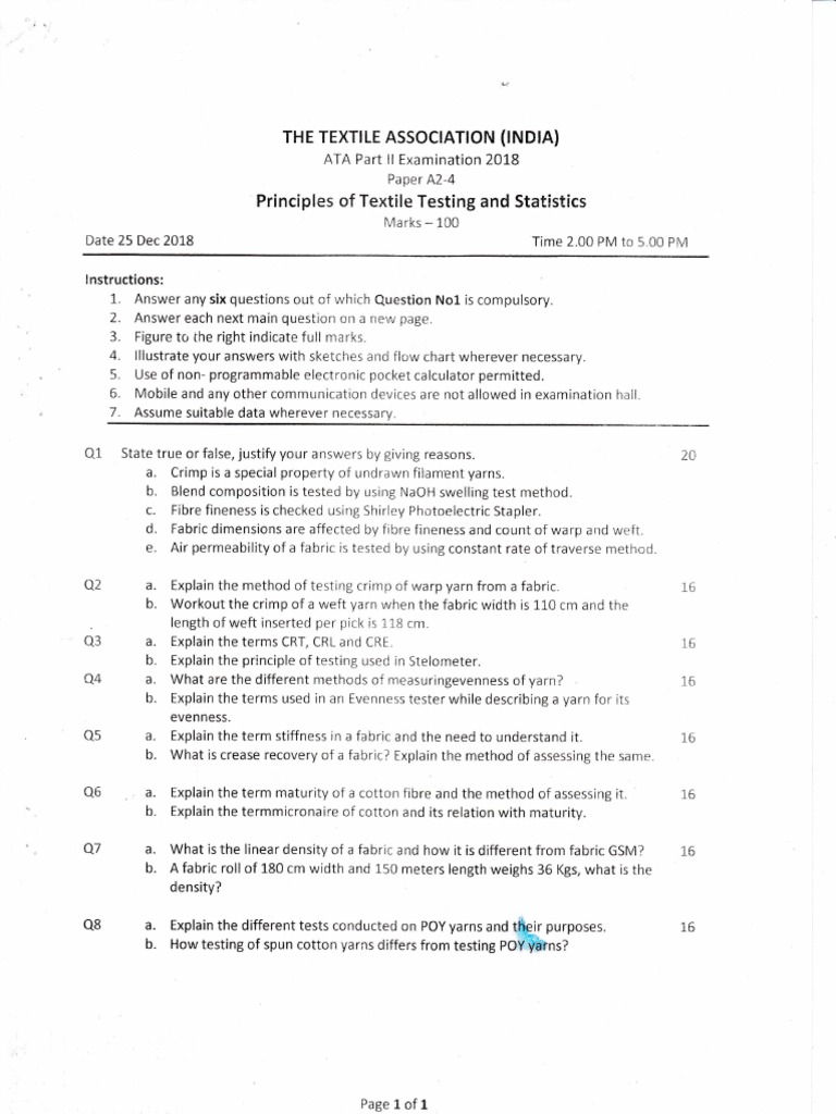 Principles of Textile Testing and Statistics PDF | PDF | Textiles | Yarn
