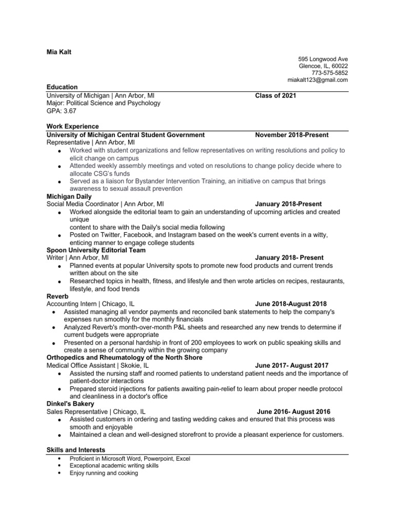 Kalt Mia Resume | Download Free PDF | University Of Michigan | Social Media