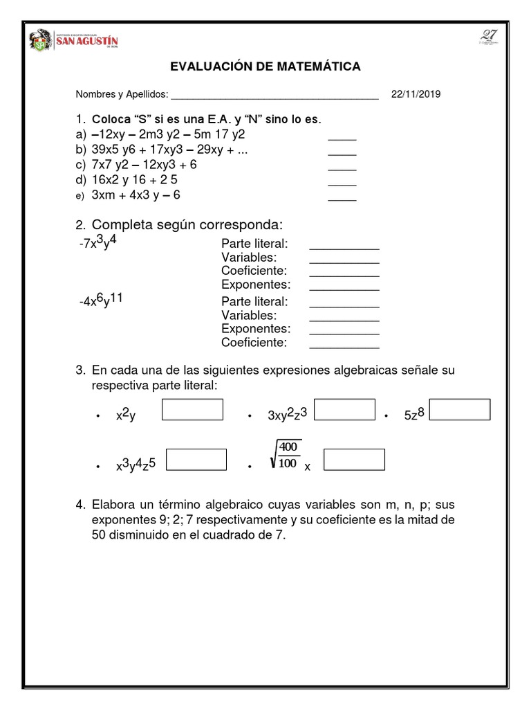 EVALUACIÓN DE MATEMÁTICA 5to Grado | PDF