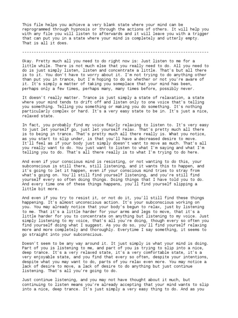 Blank Mind Hypnosis Induction by Emg (Transcript) | PDF | Unconscious ...