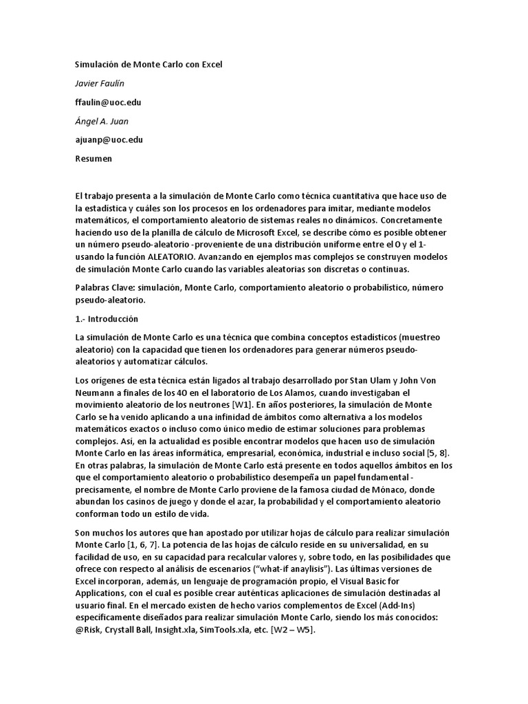 Simulación de Monte Carlo Con Excel | PDF | Método Monte Carlo ...