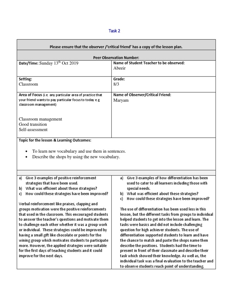 Task 2-Peer Observation 1 | PDF | Lesson Plan | Educational Assessment