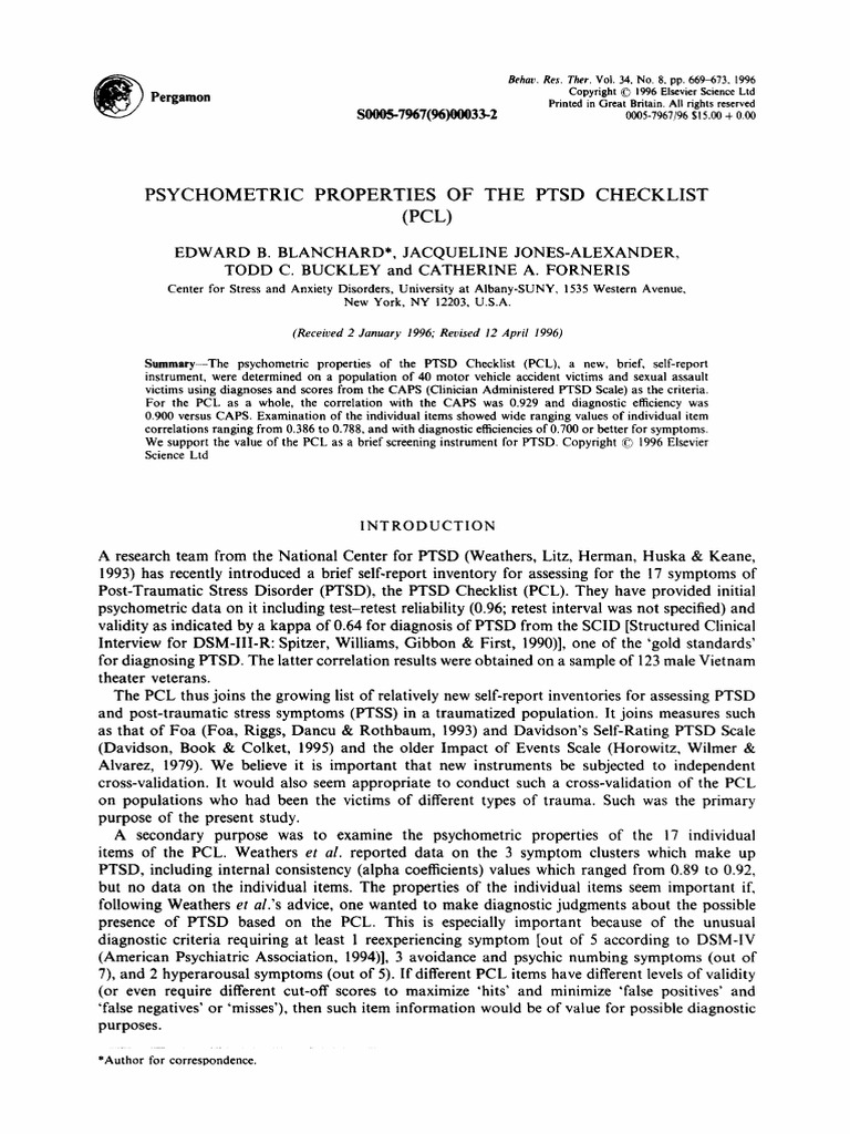 1996 Blanchard Jones-Alexander Buckley Forneris Psychometric Properties of The PTSD Checklist ...