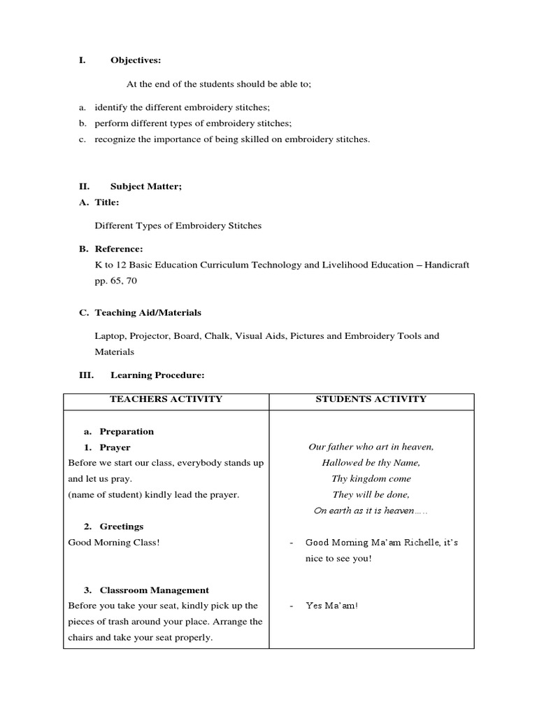 Embroidery Lesson Plan | PDF | Embroidery | Sewing