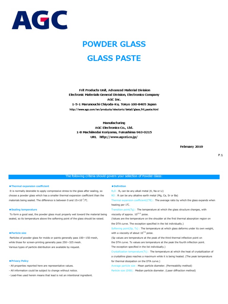 AGC Powder Glass Specifications Guide | PDF | Glasses | Thermal Expansion