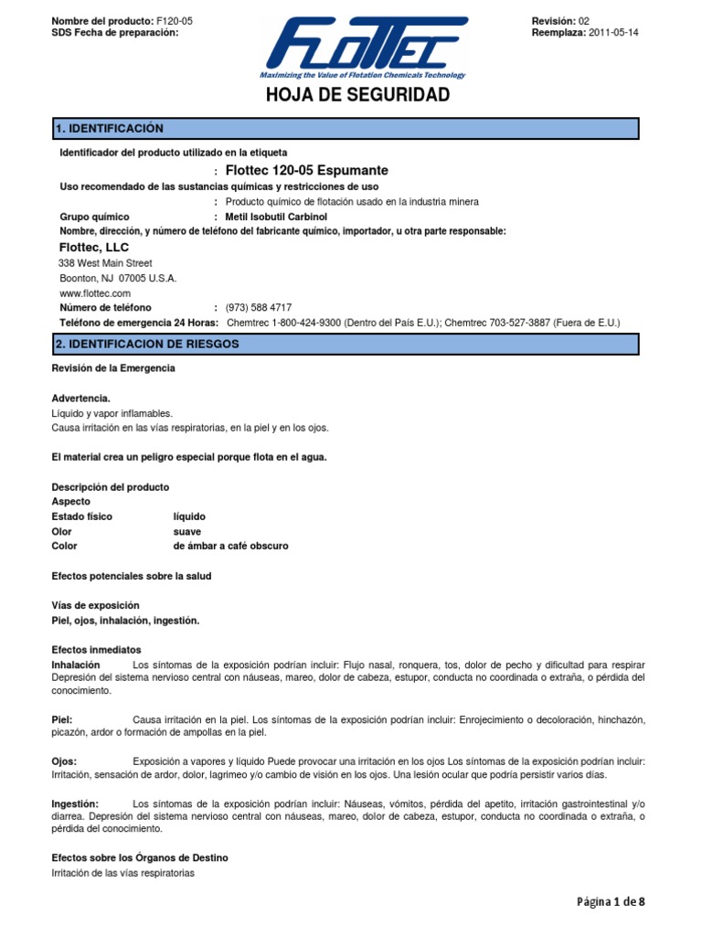 Flottec 120-05 Espumante SDS SP r02 PDF | PDF | Dióxido de carbono | Agua