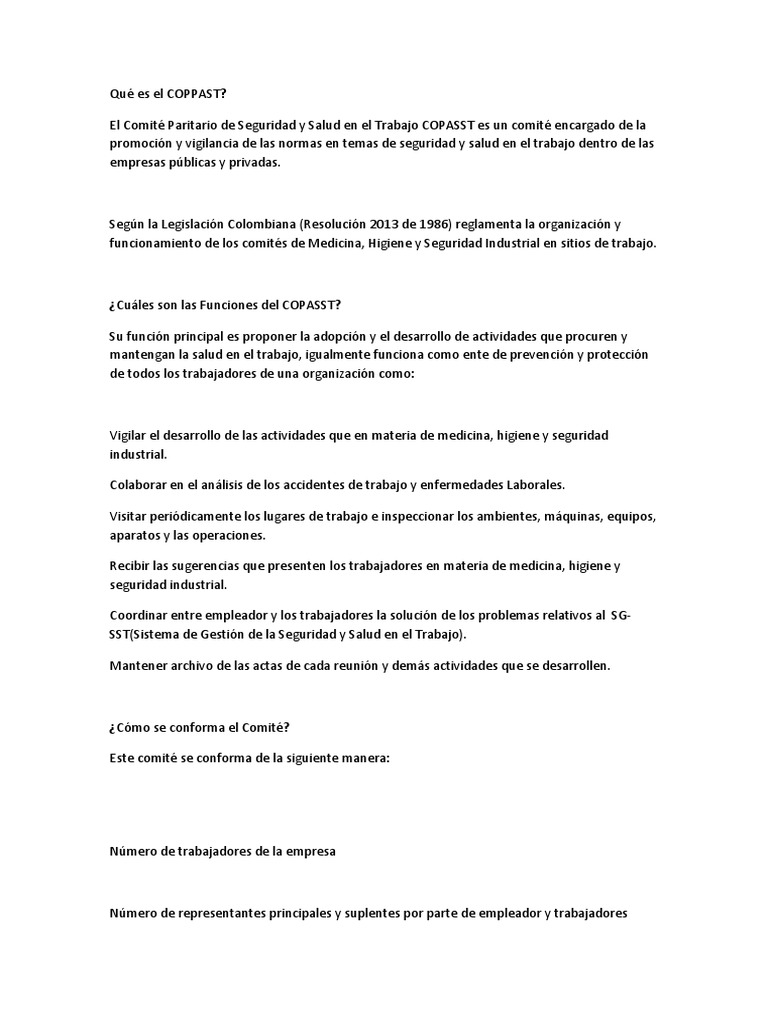 Funciones del COPASST en Empresas | PDF | Derecho laboral | Seguridad y ...
